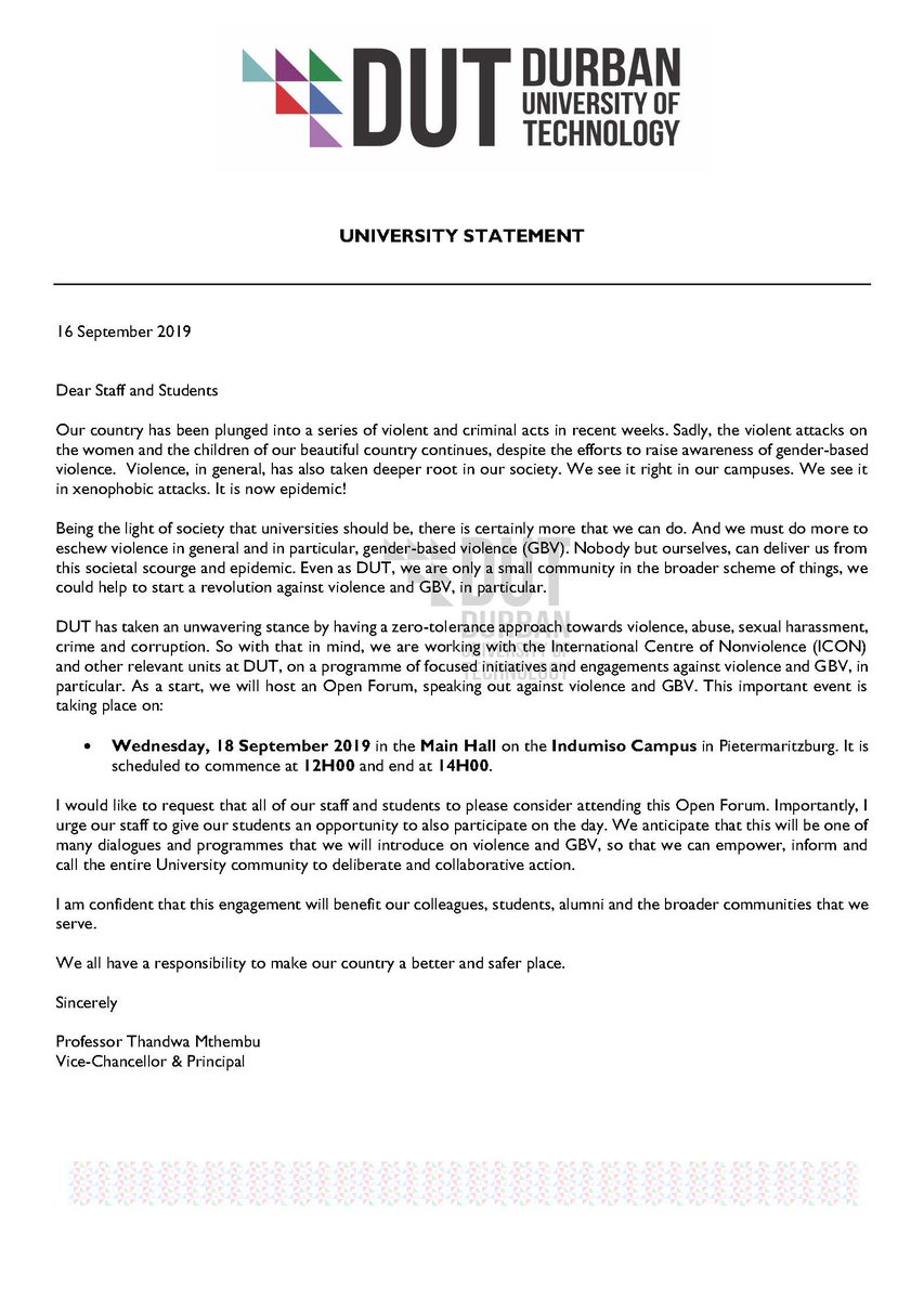 Dear DUT Community The statement from the Vice-Chancellor and Principal ...