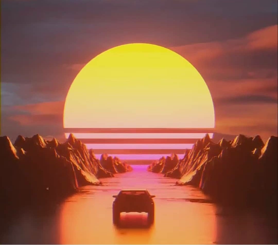 Car Driving Away Into Sunset