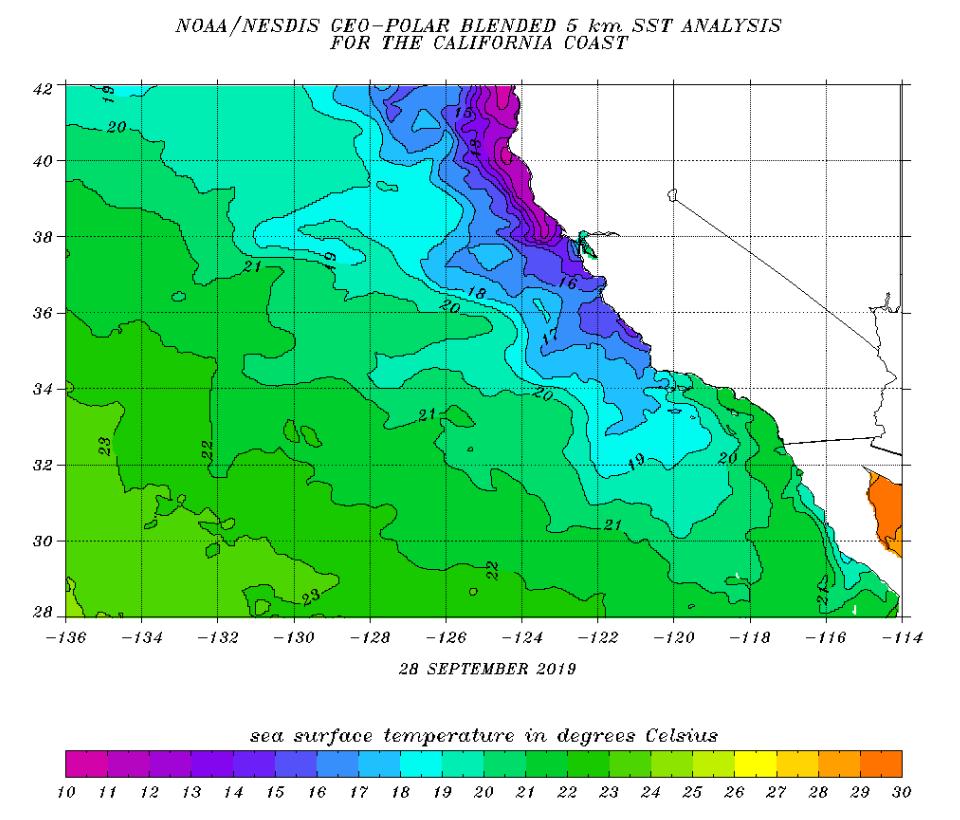 This recent sea surface temperature map of the California Coast shows ...