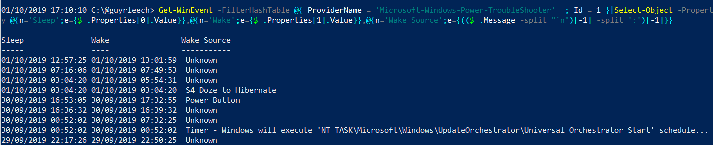 Guy Leech on Twitter: "To show sleep/hibernate/resume times via #PowerShell Get-WinEvent ...