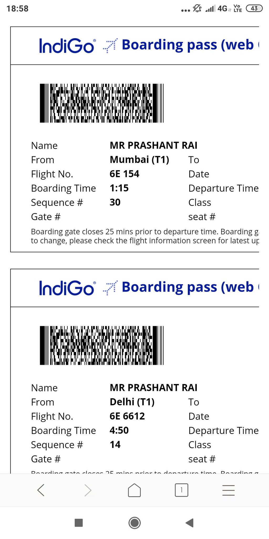Indigo Airlines Boarding Pass