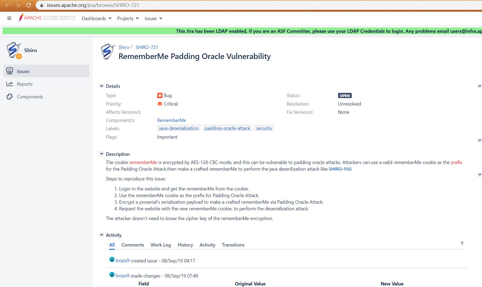 Jas502n on Twitter: "#SHIRO-721 RememberMe Padding Oracle Vulnerability RCE cookie的cookiememeMe已 ...