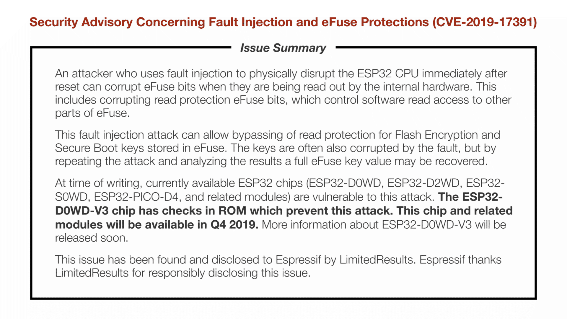 ESP32 on Twitter: "Security Advisory Concerning Fault Injection and eFuse Protections (CVE-2019 ...