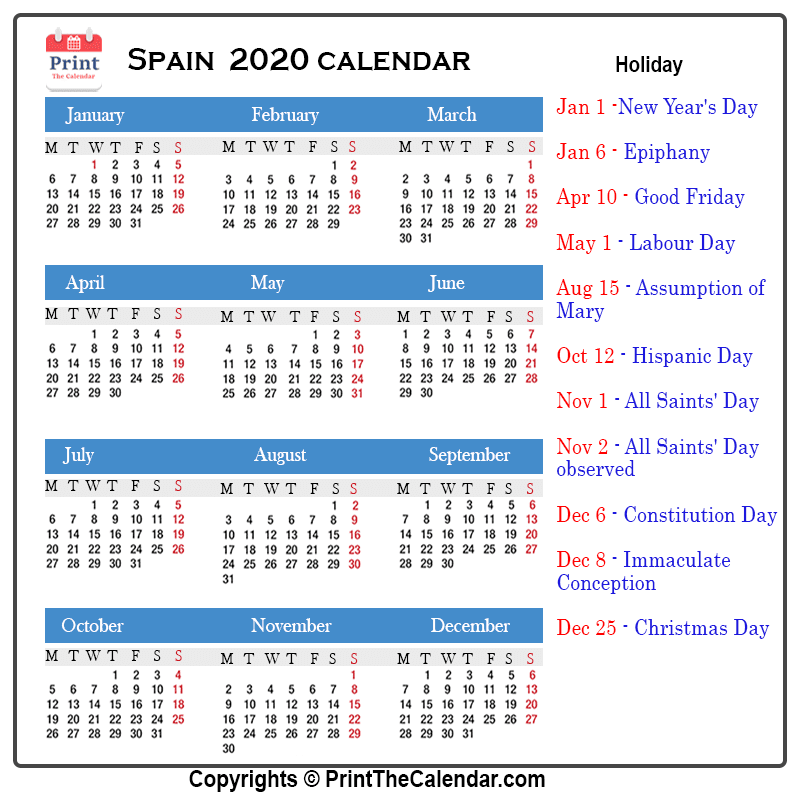 Spanish Holidays Calendar