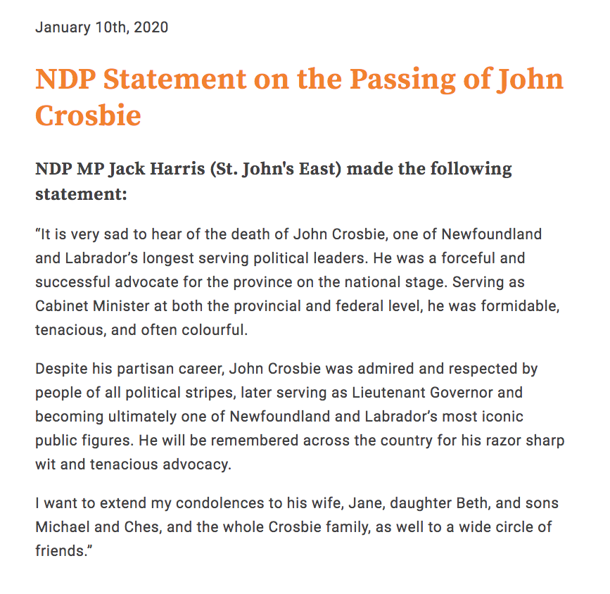 Jagmeet Singh on Twitter: "Jack says it best, John Crosbie was one of Newfoundland and Labrador ...