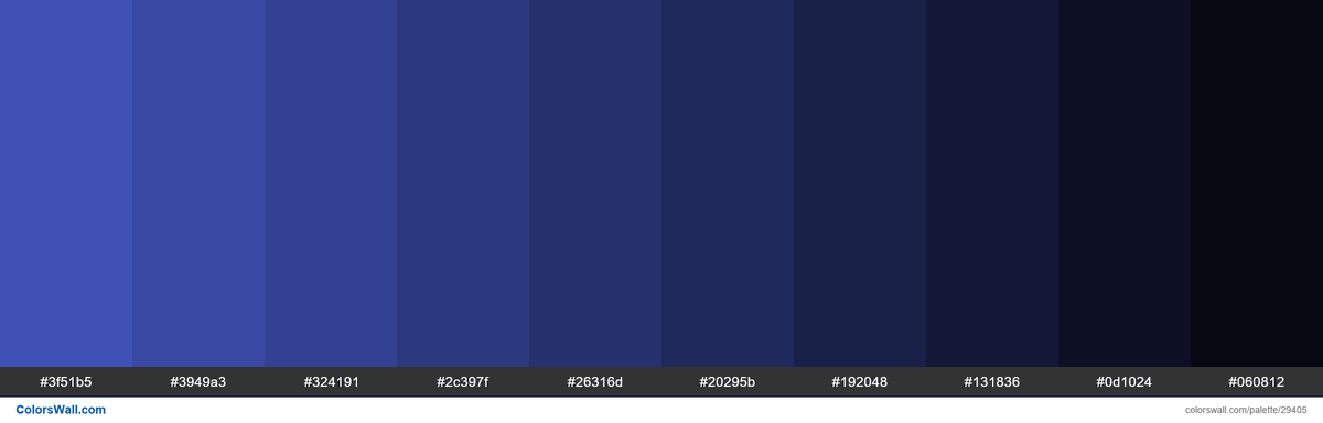 Shades of Material Design Indigo color #3F51B5 hex #3f51b5, #3949a3 ...