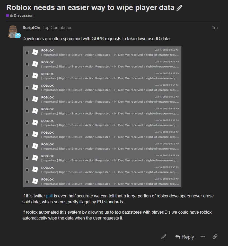 ScriptOn on Twitter: "Roblox should automate GDPR data erase requests by allowing us to tag ...