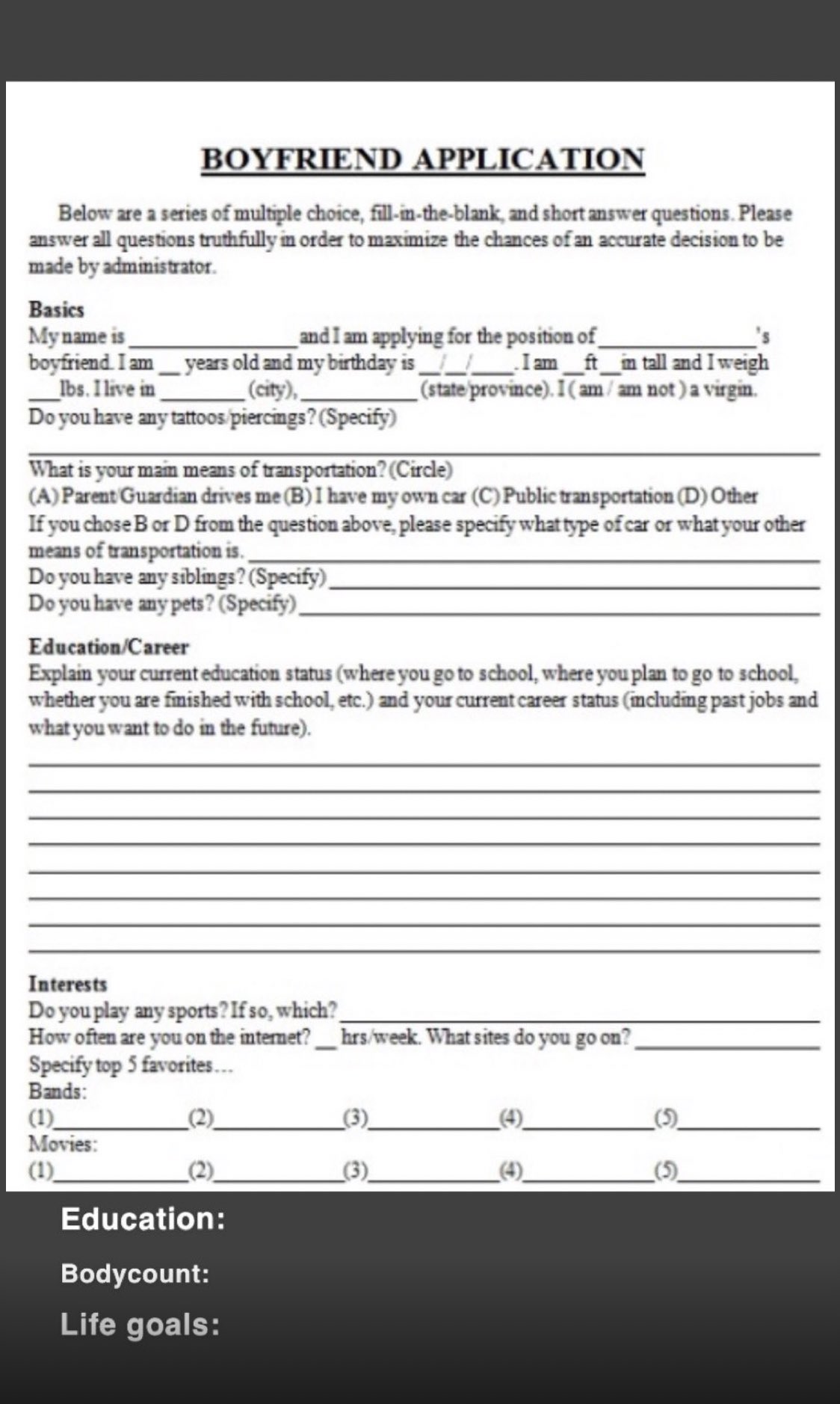 Boyfriend Application Printable