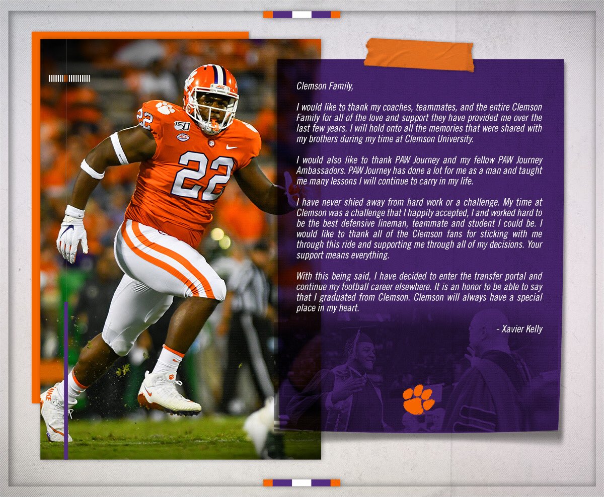 Clemson DT Xavier Kelly has entered the transfer portal : r/CFB