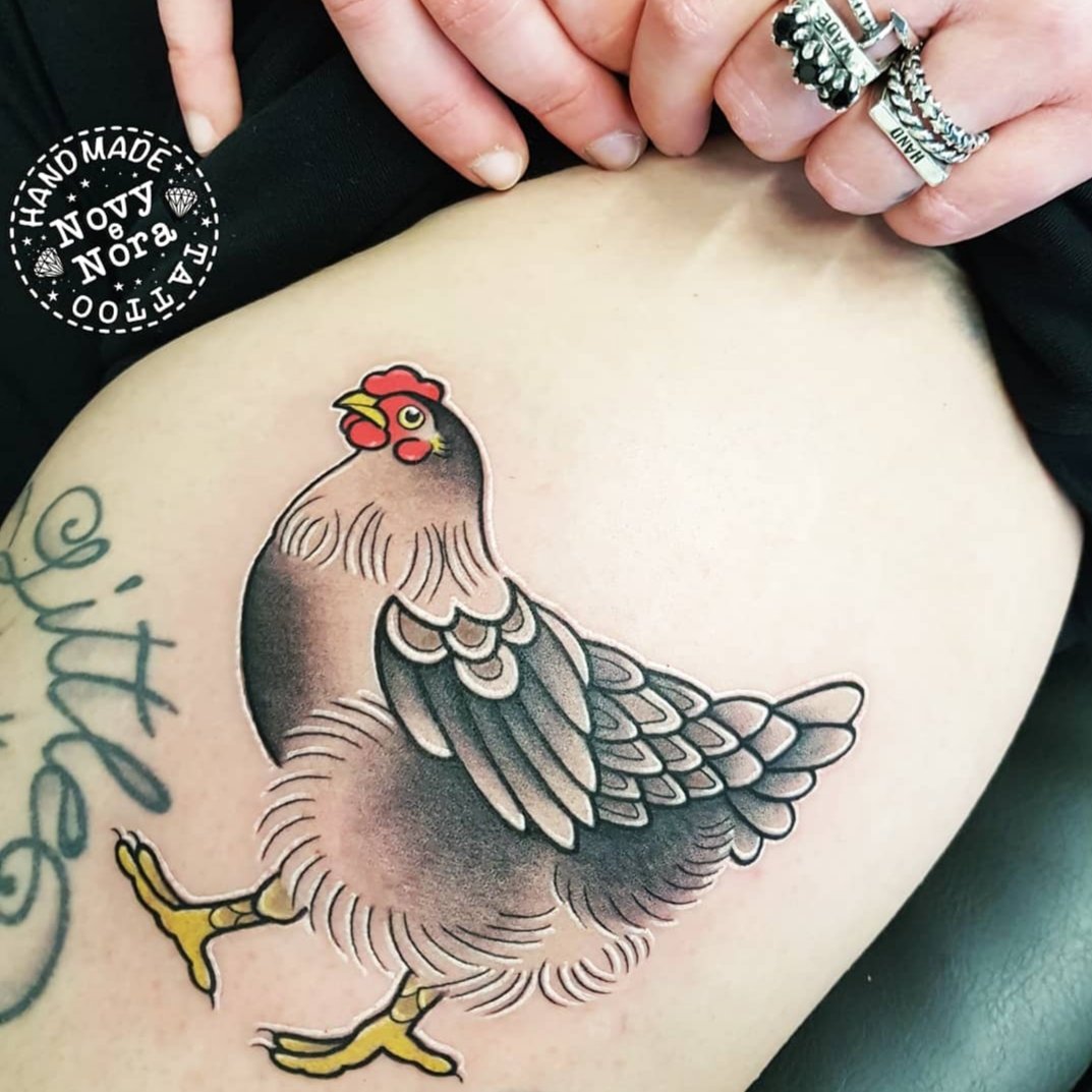 Traditional Chicken Tattoo Sketch Work Chicken Tattoo On The Thigh.