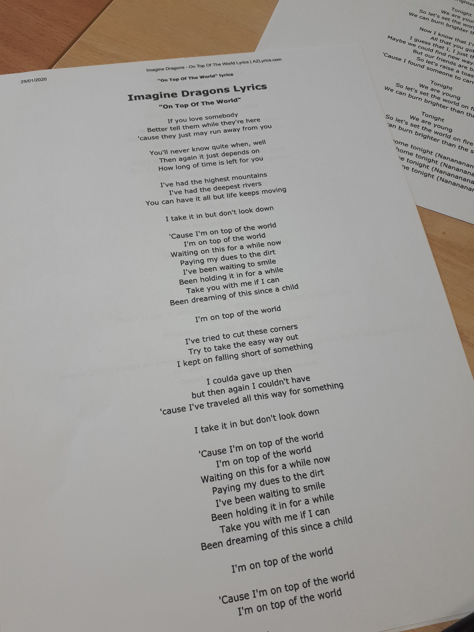 Imagine Dragons On Top Of The World Lyrics