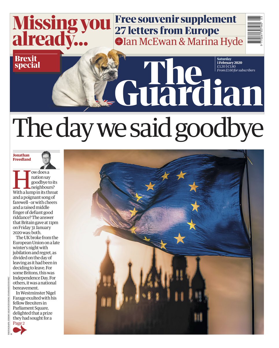 Guardian front page, Saturday 1 February 2020: The day we said goodbye ...