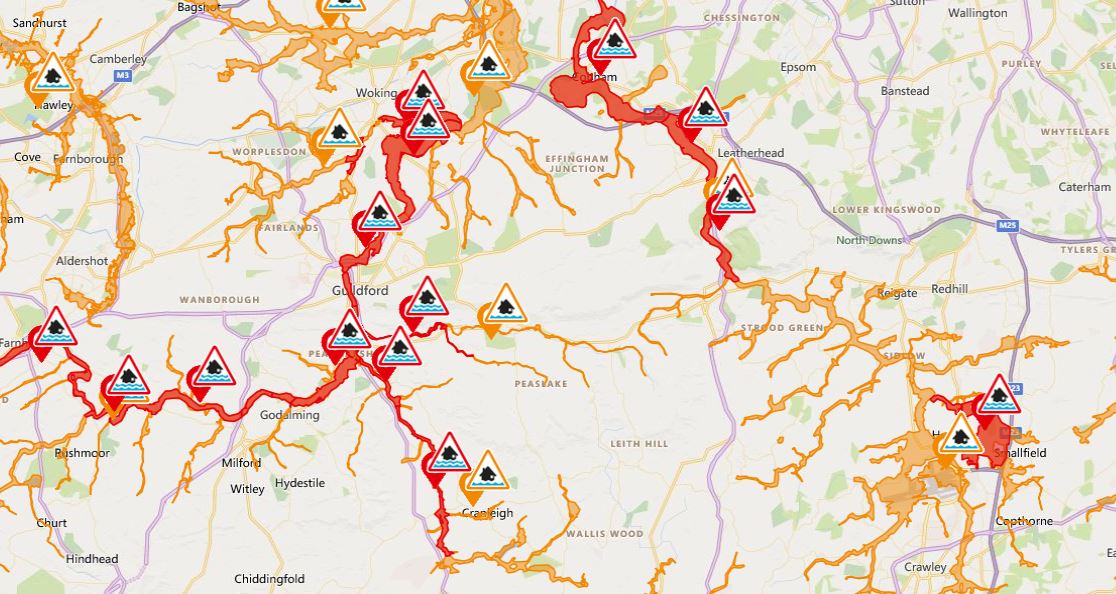22 flood warnings in place across Surrey as another storm sweeps across ...