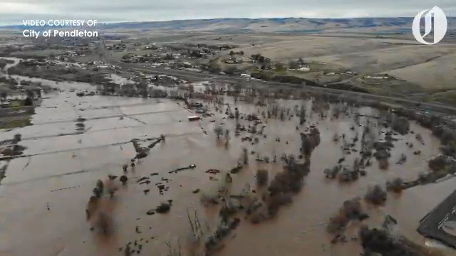 Drone footage of Pendleton, Oregon shows extensive flooding on February 7, 2020. Widespread ...