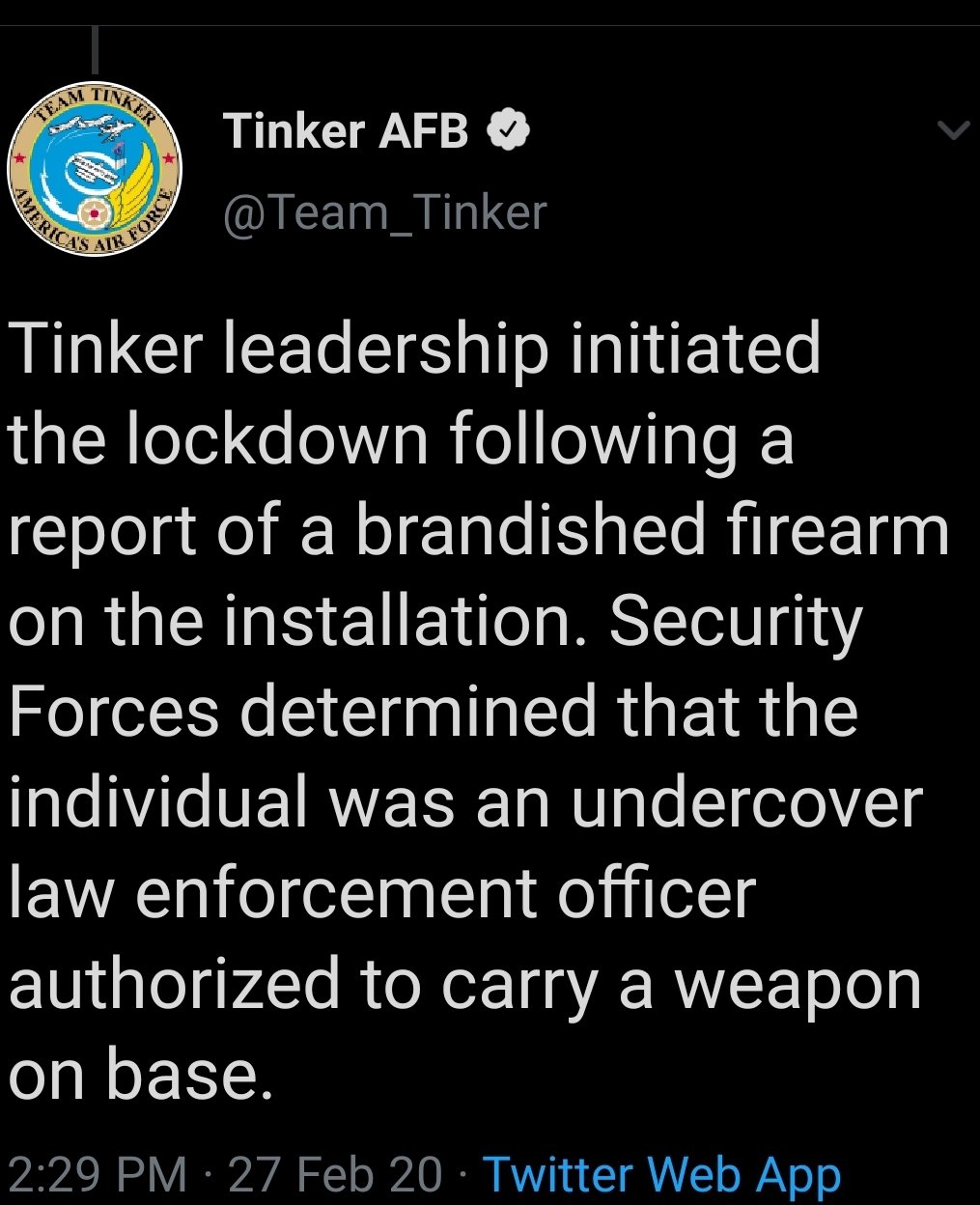 Tinker AFB on Twitter: "REAL WORLD: Tinker Air Force Base is currently on lockdown. Seek shelter ...