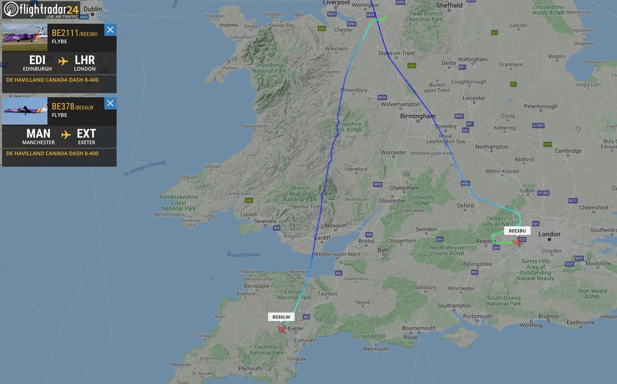 Final two Flybe flights about to land in London and Exeter. BE2111 ...