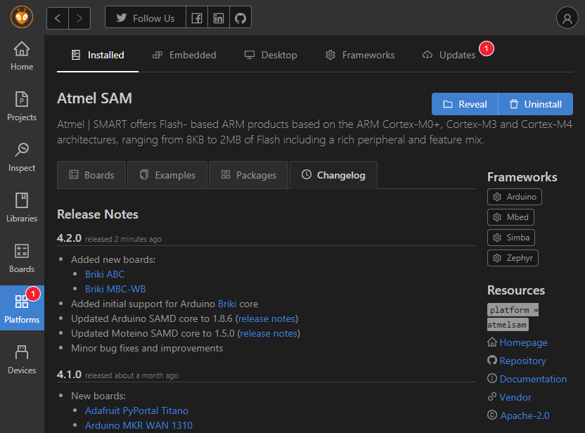 PlatformIO on Twitter: "New releases of Atmel SAM dev-platform v4.2 is out! 🎉 New boards ...