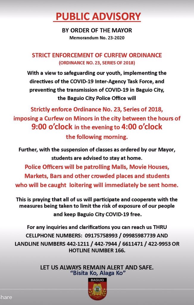By order of the city government, the Baguio City Police Office will strictly enforce curfew ...