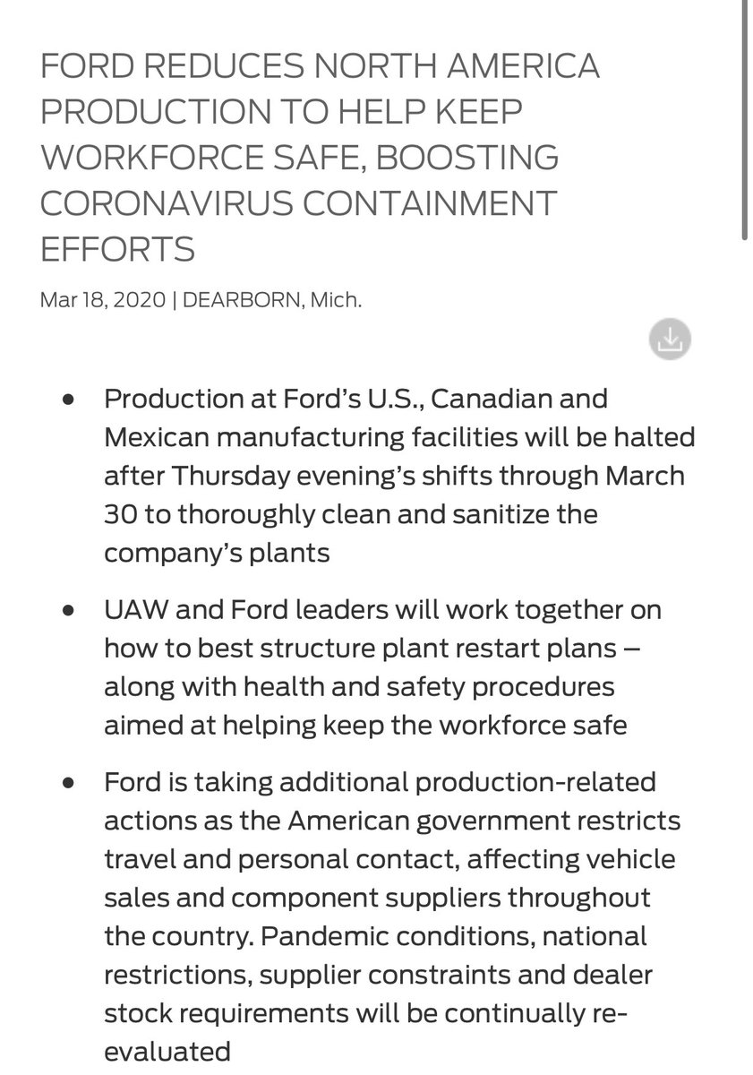 Ford and General Motors will halt production to slow the spread of the ...