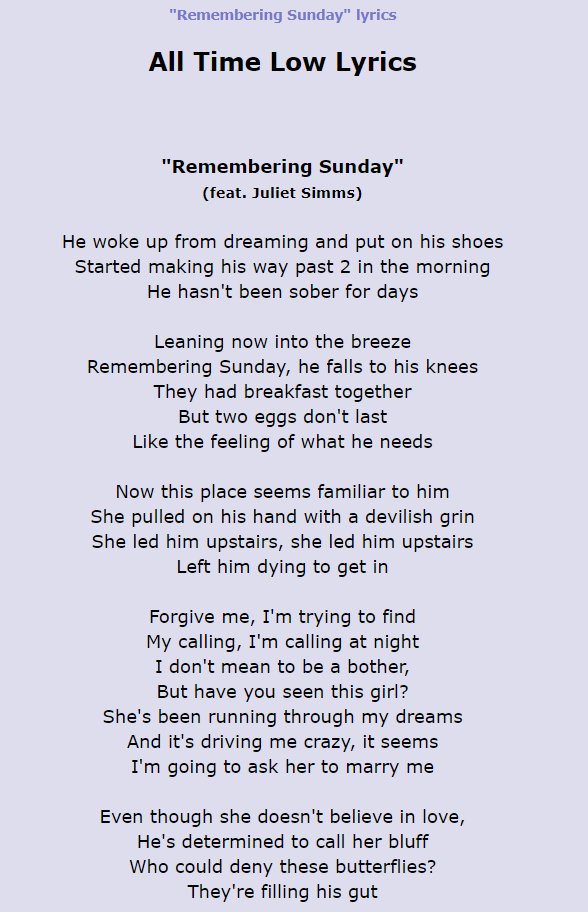 All Time Low Lyrics Remembering Sunday