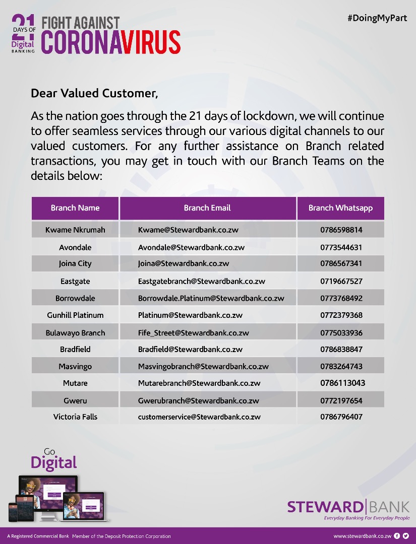 Steward Bank on Twitter: "Hepii day Robert, the Bradfield contacts are those for Bulawayo. ^VL…