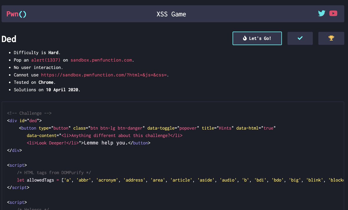 PwnFunction on Twitter: "⚡️ Yo! New #XSS Challenge "Ded" https://t.co/dvhVZqNbAw Have fun! 😃…