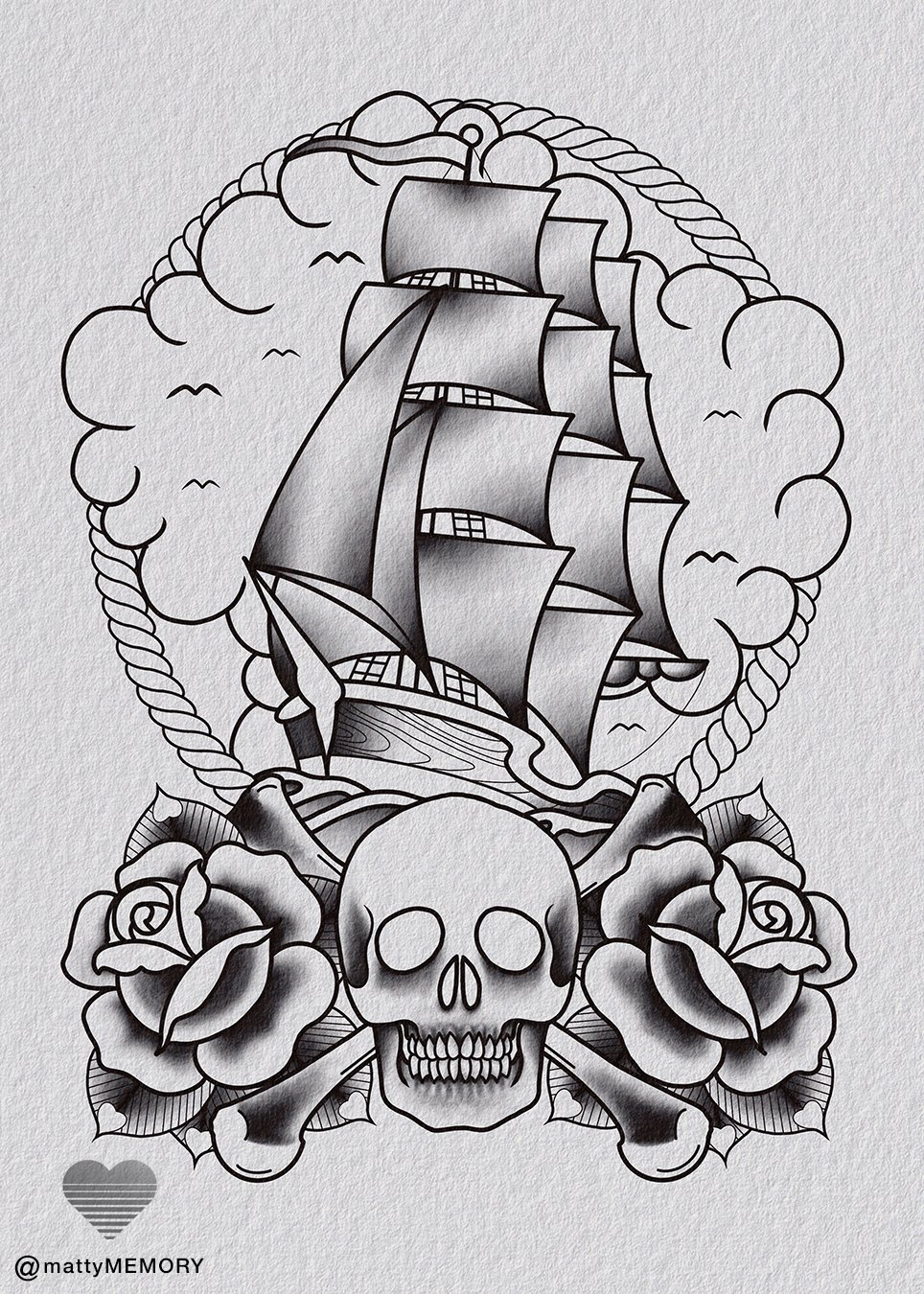 Traditional Pirate Ship Tattoo Flash