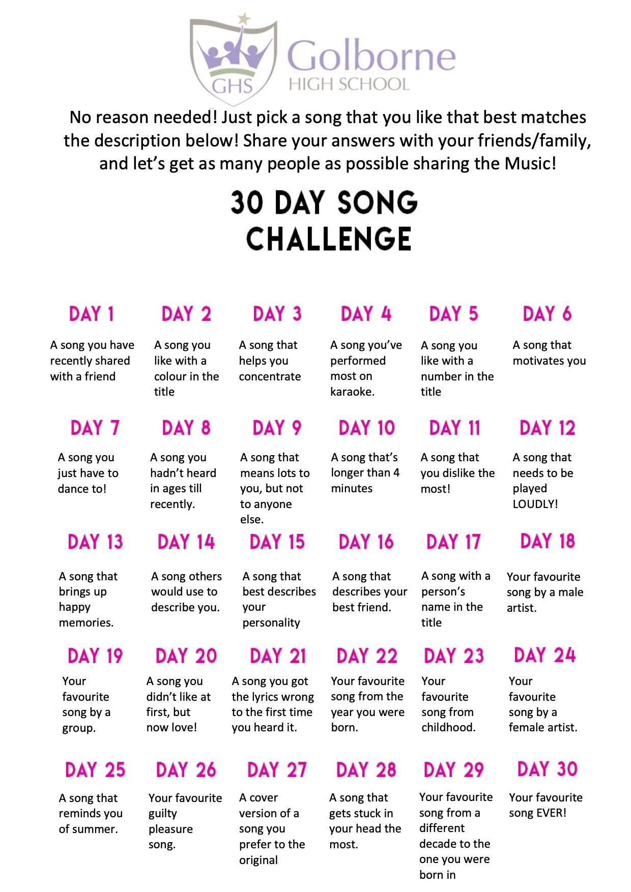 Golborne High School on Twitter: "30 Day Song Challenge!🎧 We know you ...