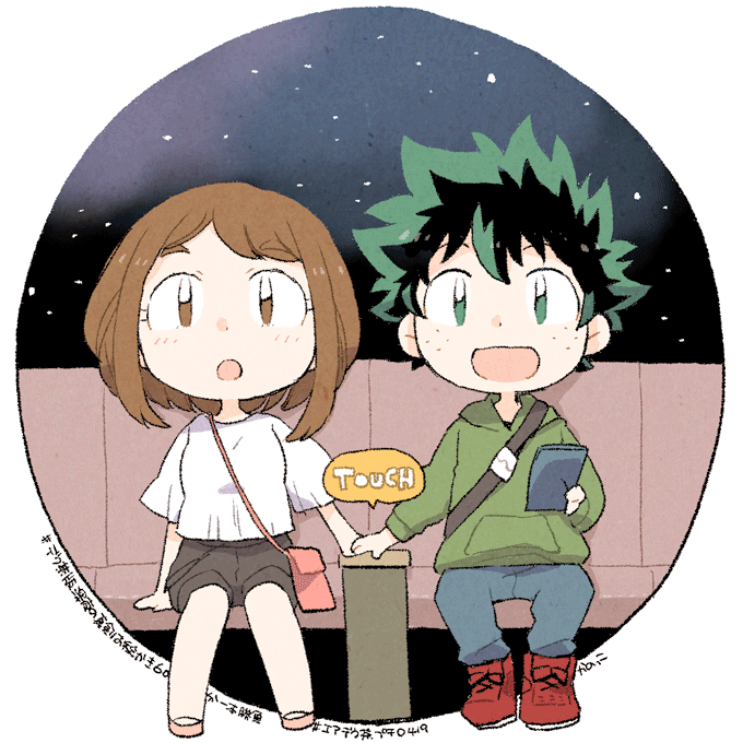midoriya izuku ,uraraka ochako 1girl 1boy freckles green hair brown ...