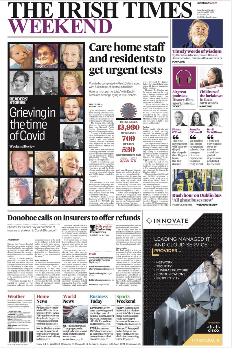 Here's the front page of this weekend’s Irish Times – April 18 and 19 ...