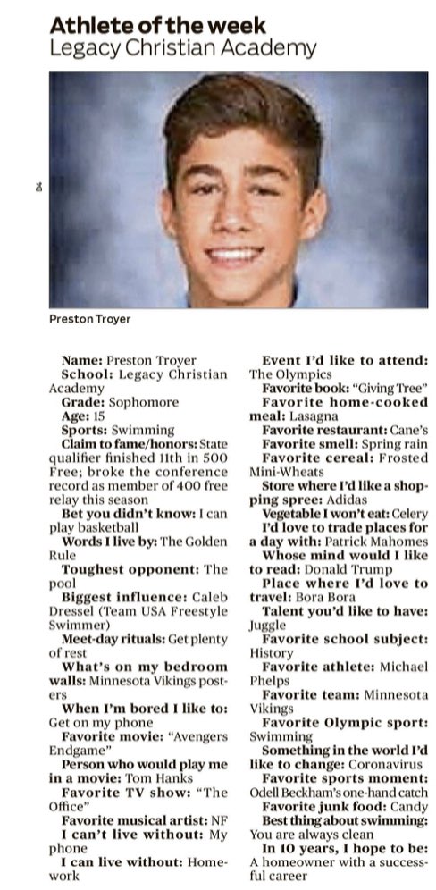 LCA Athletics on Twitter: "Congratulations Preston Troyer Dayton Daily News Athlete of the week ...