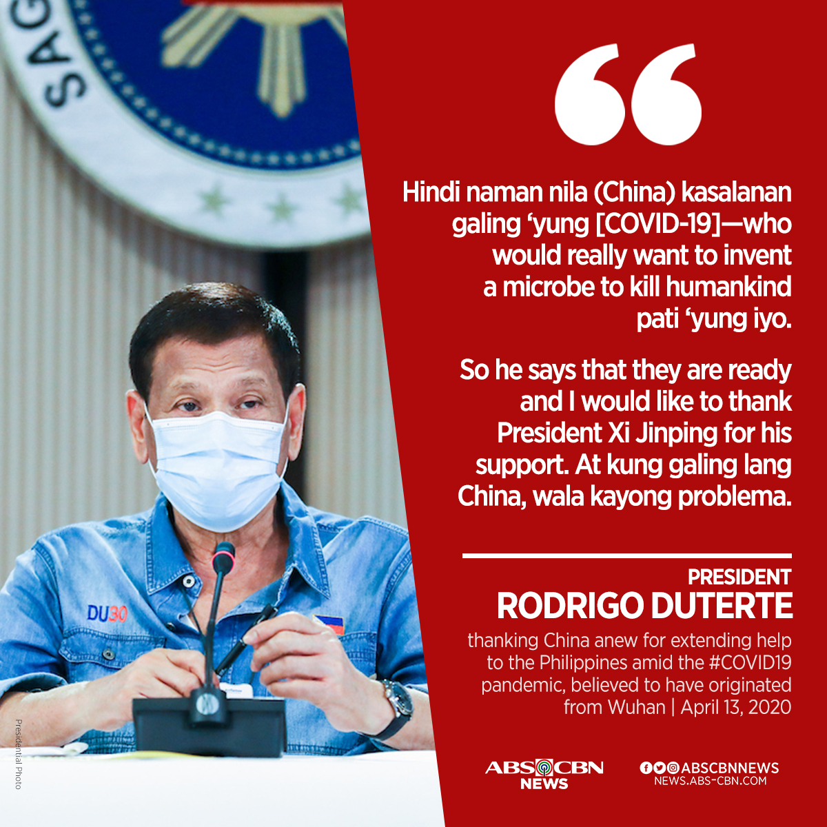 ABS-CBN News on Twitter: "Pasasalamat ang ipinarating ni Pangulong Rodrigo Duterte sa China ...