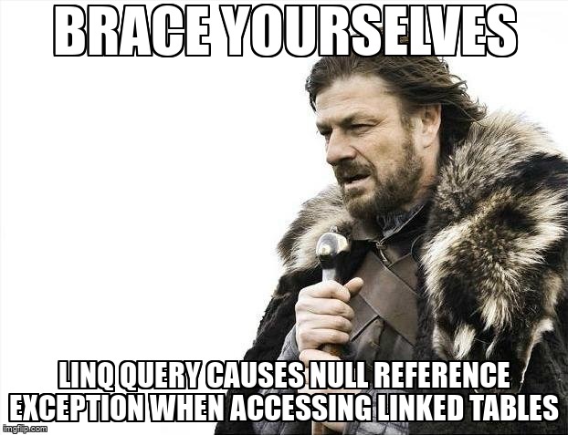 Meme Overflow On Twitter Linq Query Causes Null Reference Exception When Accessing Linked