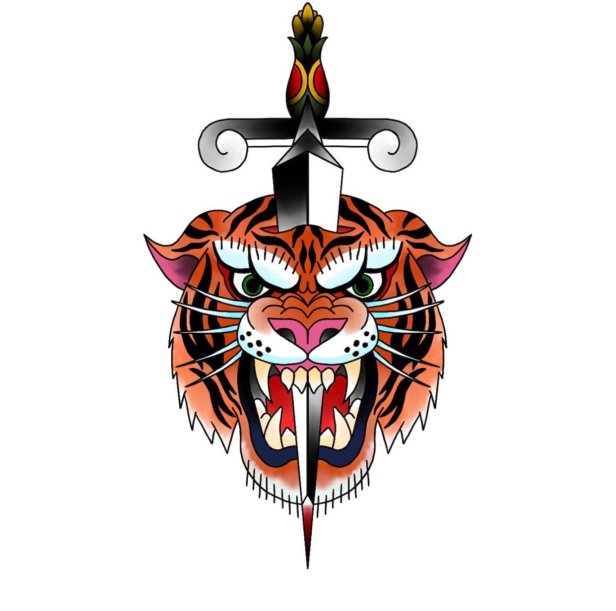 Traditional Tiger Head Dagger Tattoo