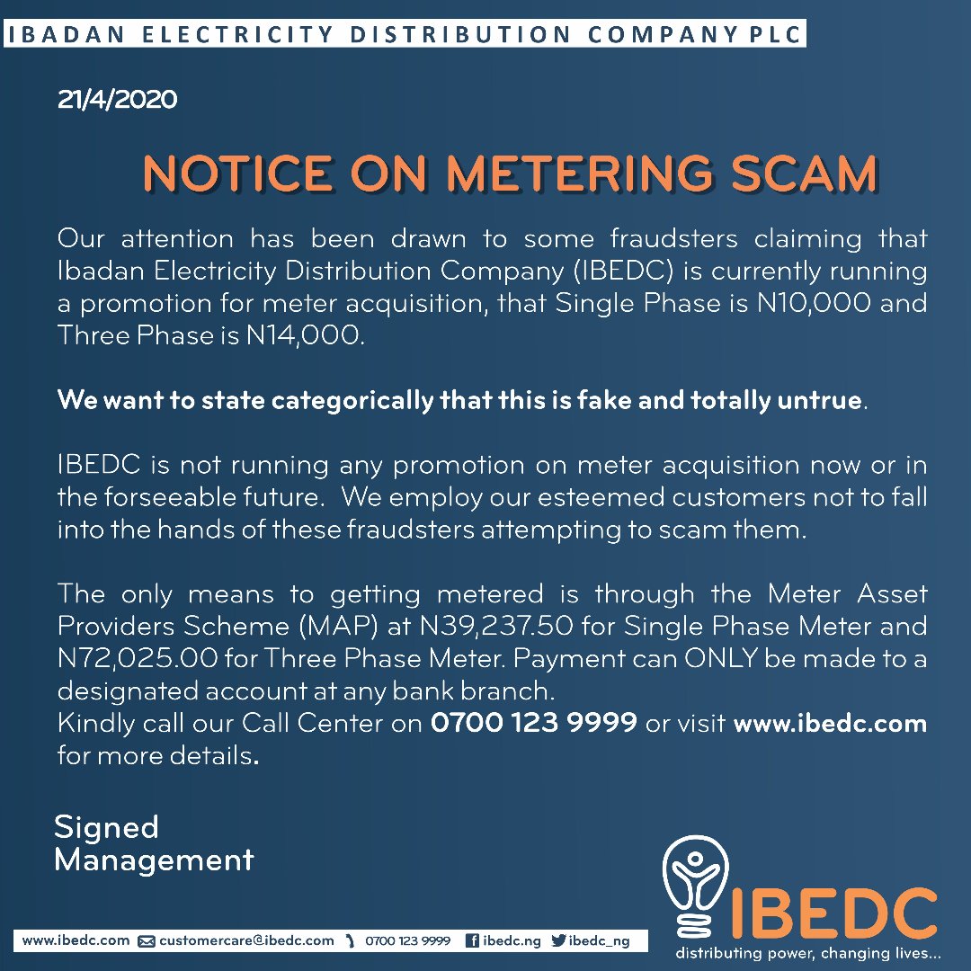 IBEDC on Twitter: "NOTICE OF METERING SCAM. #ibedc #covid19 #support #distributingpower # ...