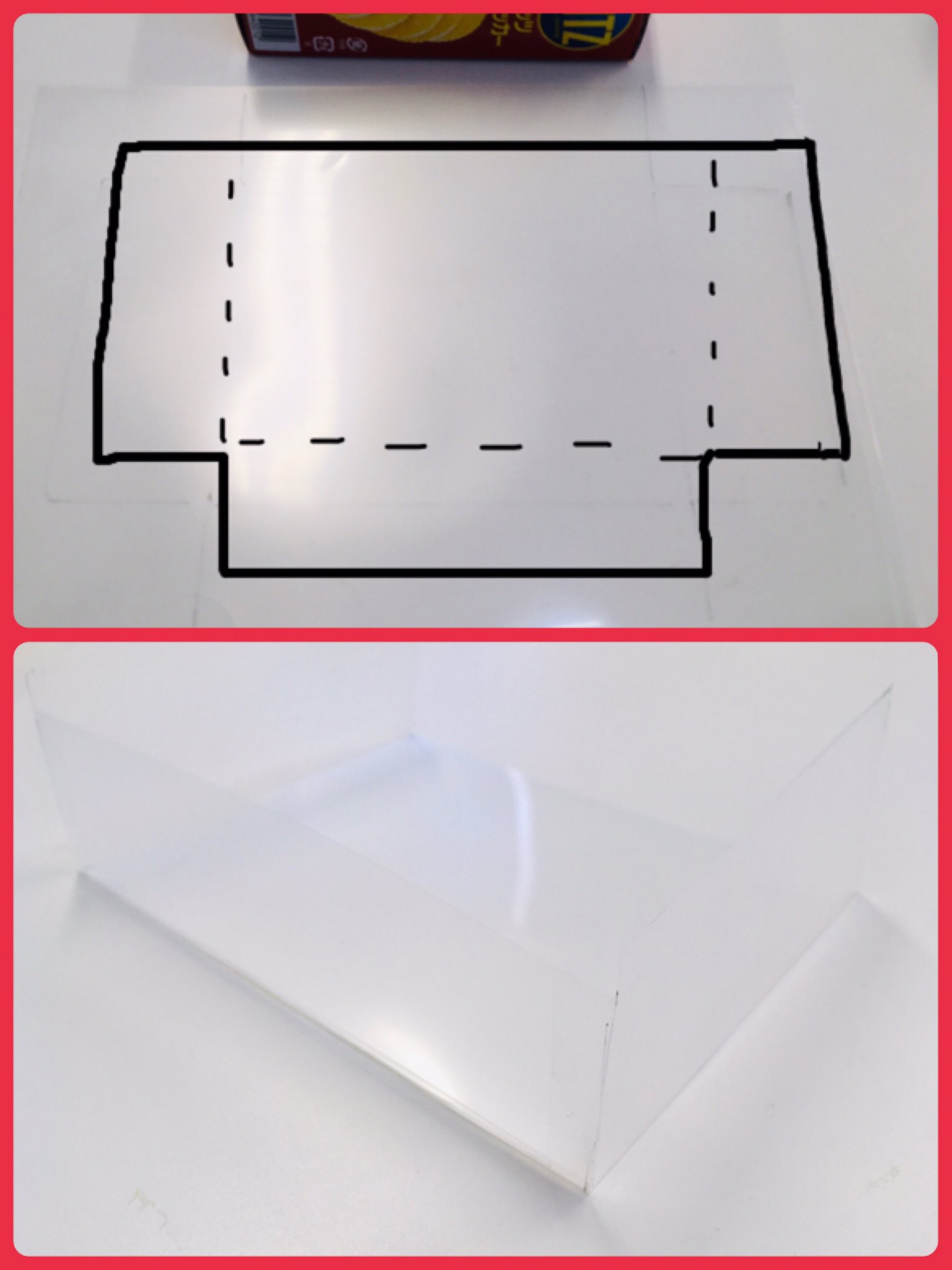 北九州イノベーションギャラリー on Twitter: "⑤黒い紙を、底面と奥側面に敷く⑥クリアファイルを、箱の切り開いた面以外の側面に合わせてカットし、かどをテープで貼り合わせてカバーを作る ...