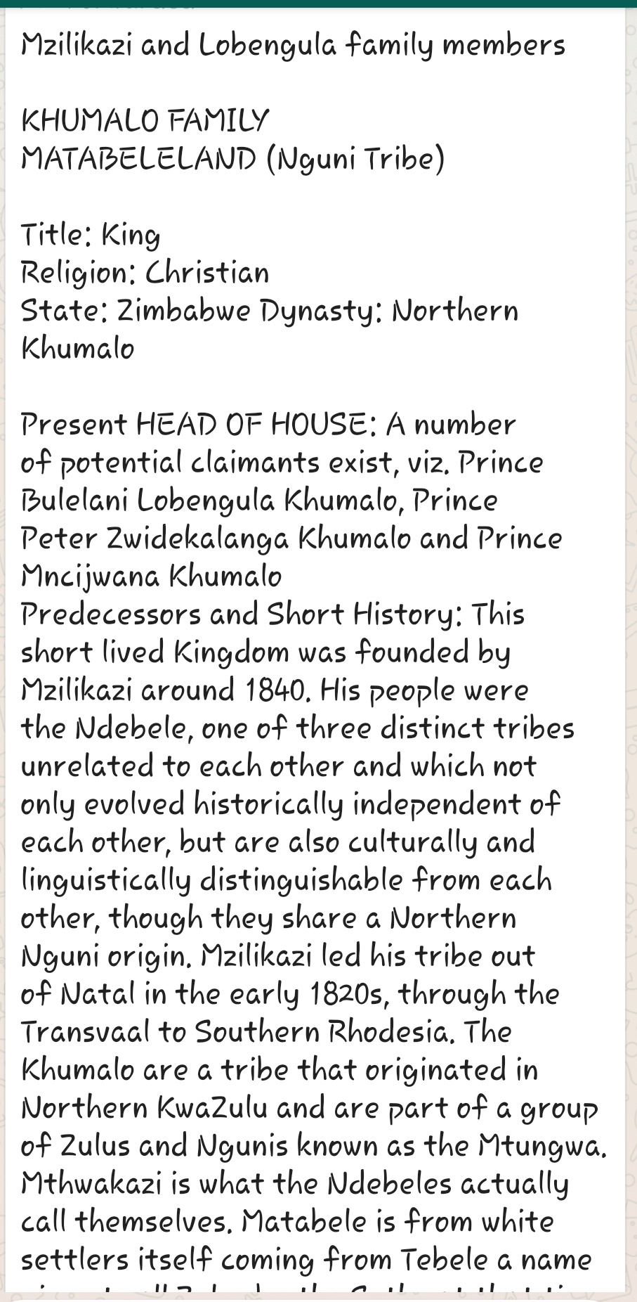 Mzilikazi Family Tree