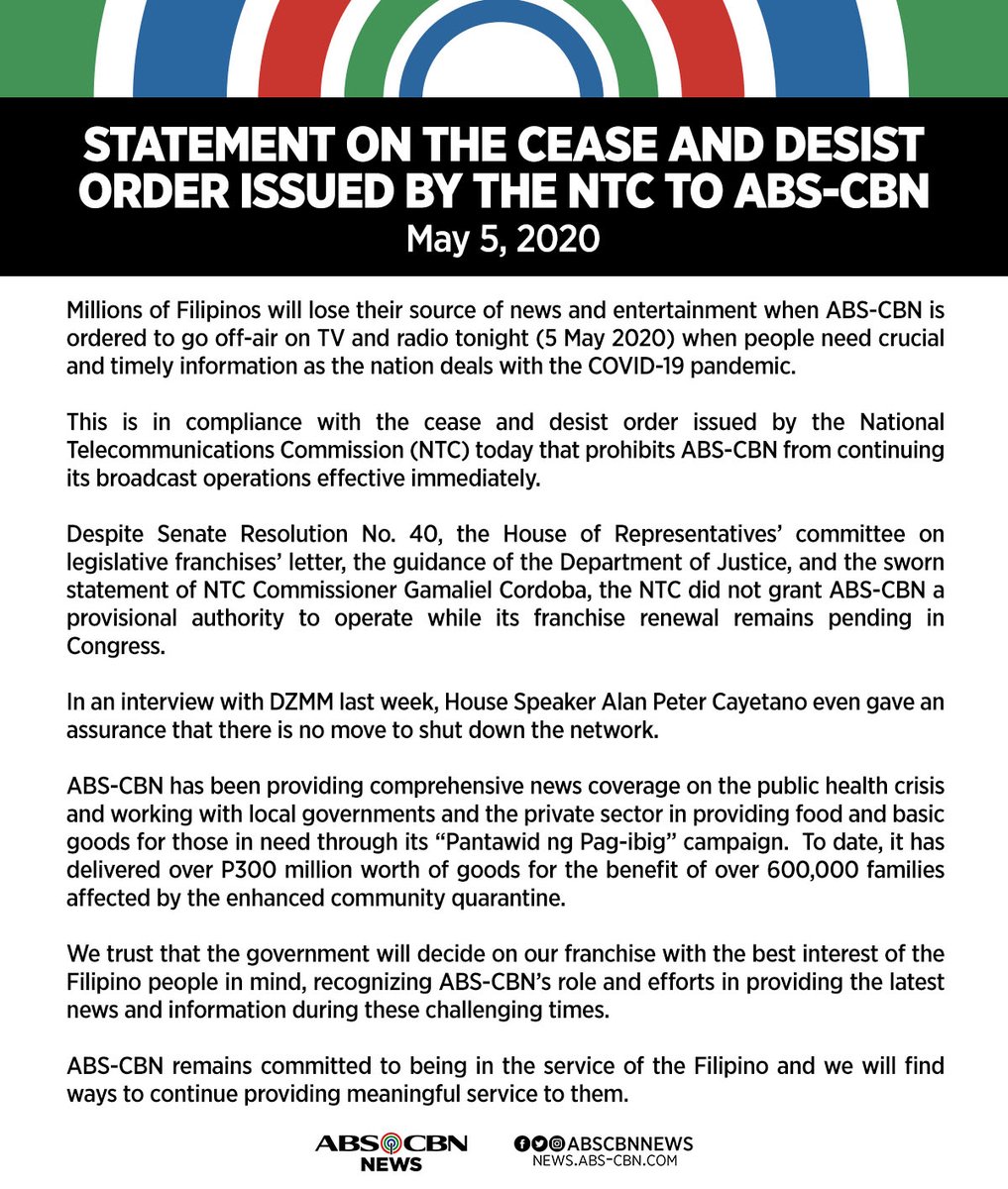 READ: ABS-CBN's statement on the National Telecommunications Commission ...