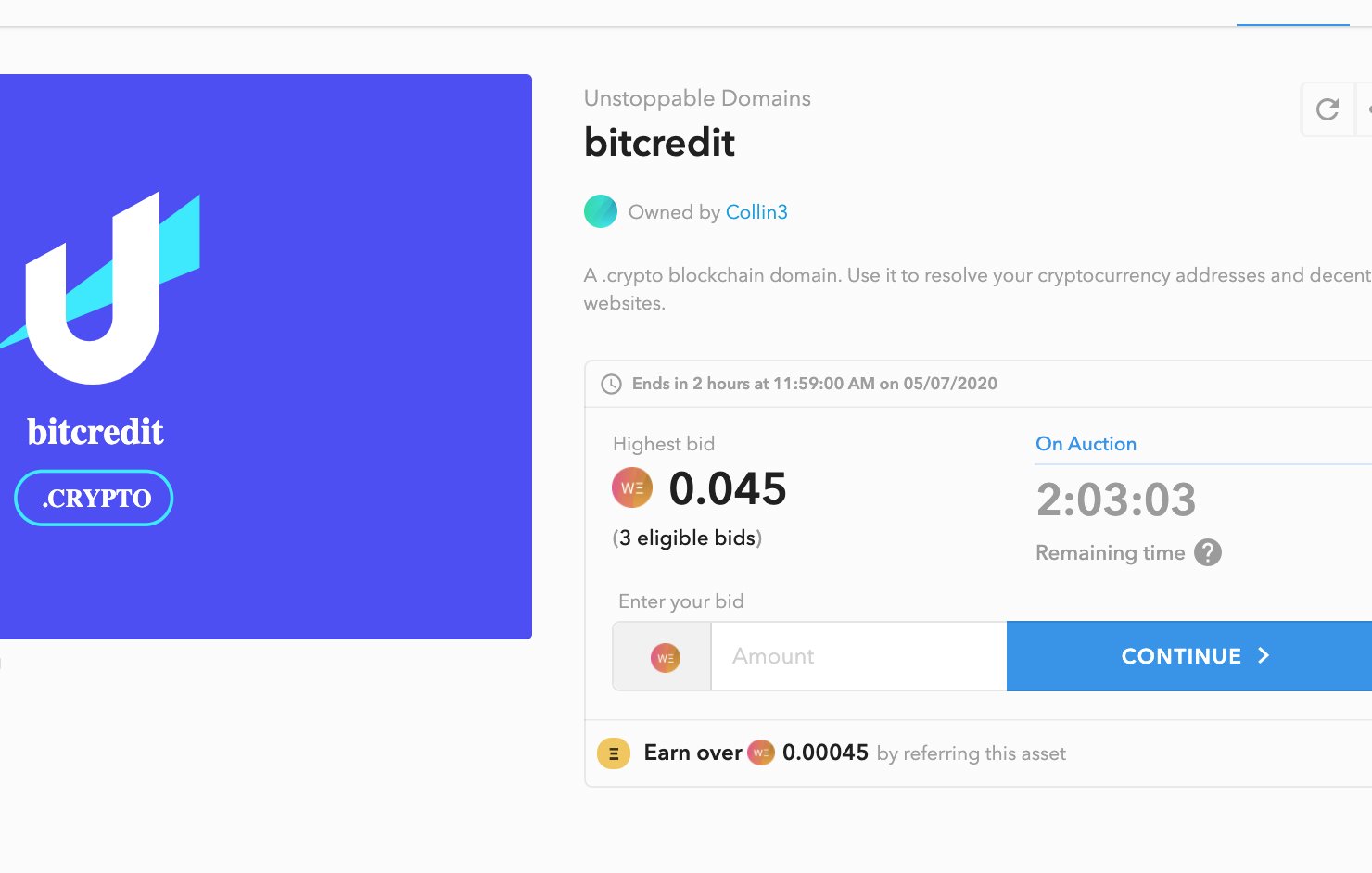 collin.𝗲𝘁𝗵 on Twitter: "2 hrs left on #BITCREDIT.crypto nice #domain, goin for $10 presently ...