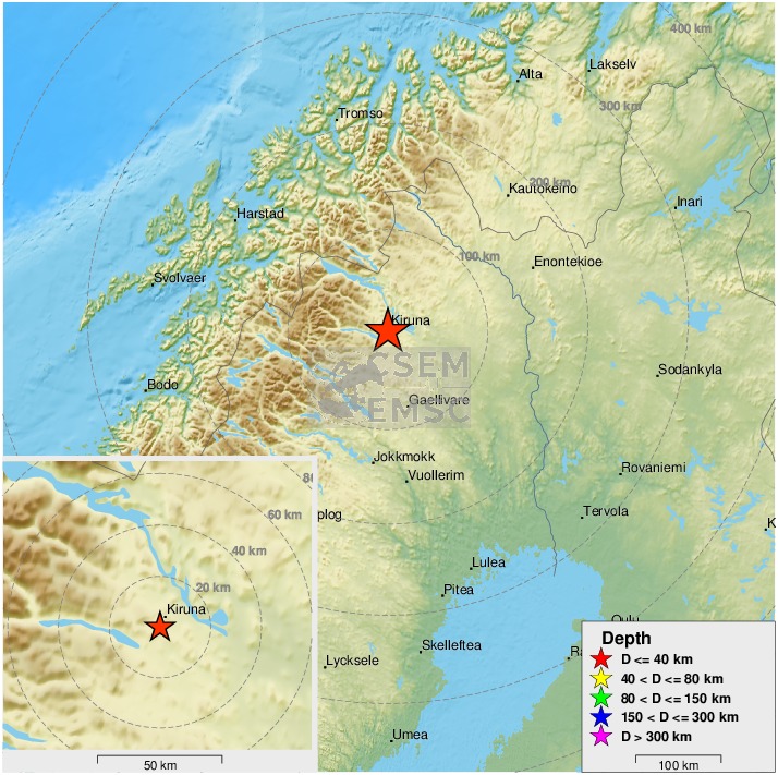 Felt earthquake (maanjäristys) M4.7 strikes 4 km SW of Kiruna (Sweden ...