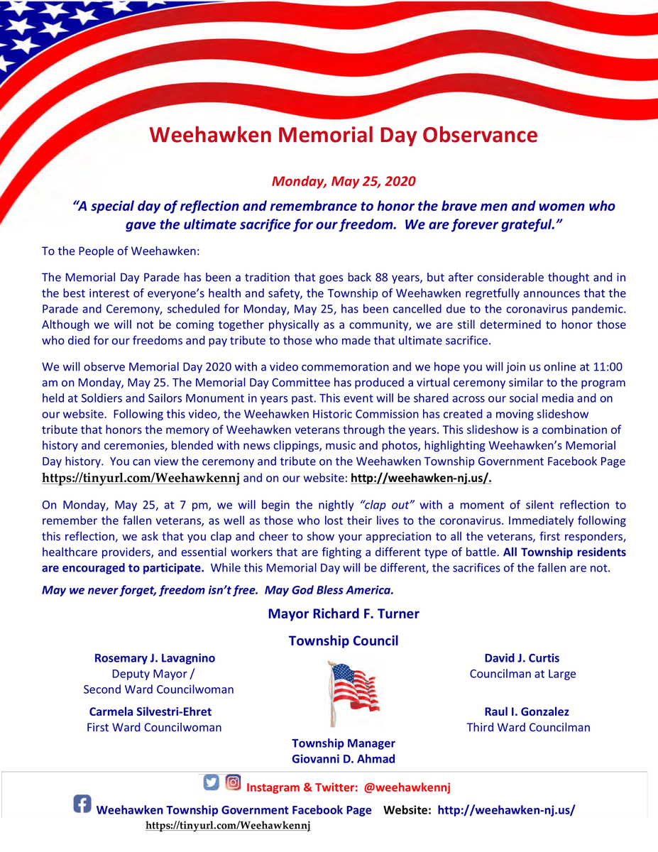 Weehawken Announces Virtual Memorial Day Program - Hudson TV