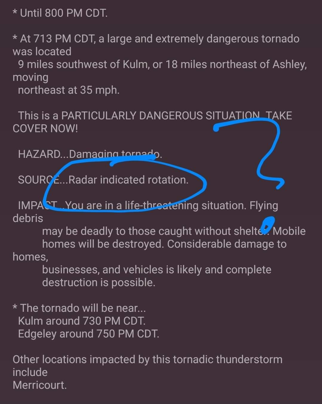 Tornado Warning Message