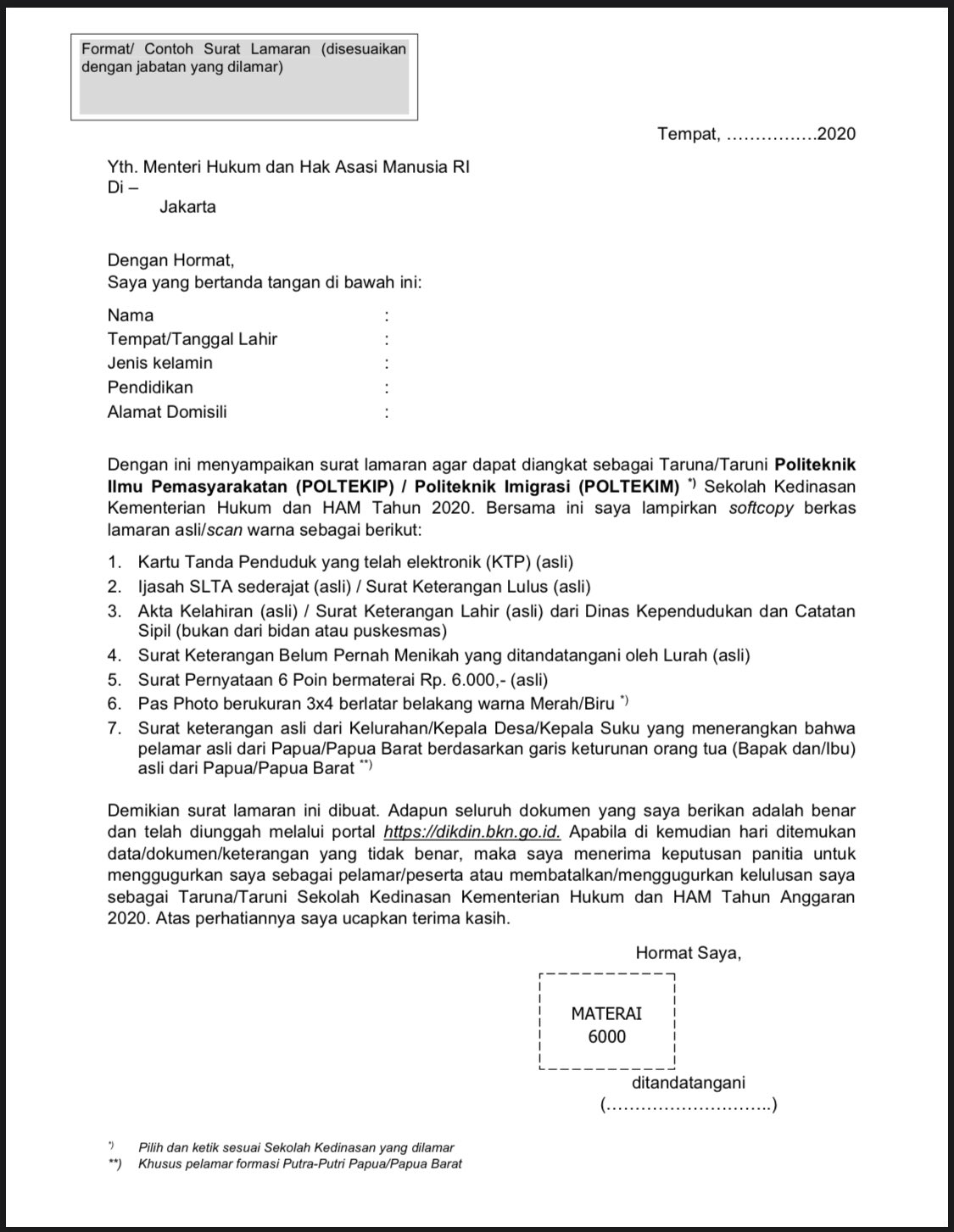 Contoh Format Surat Lamaran Calon Taruna Kemenkumham, Daftar Poltekip ... Contoh Format Surat Lamaran Calon Taruna Kemenkumham, Daftar Poltekip ...