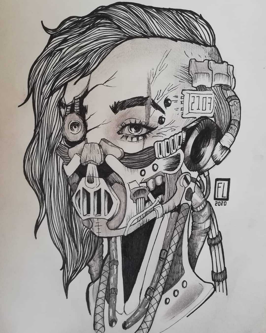 Half Robot Face Drawing