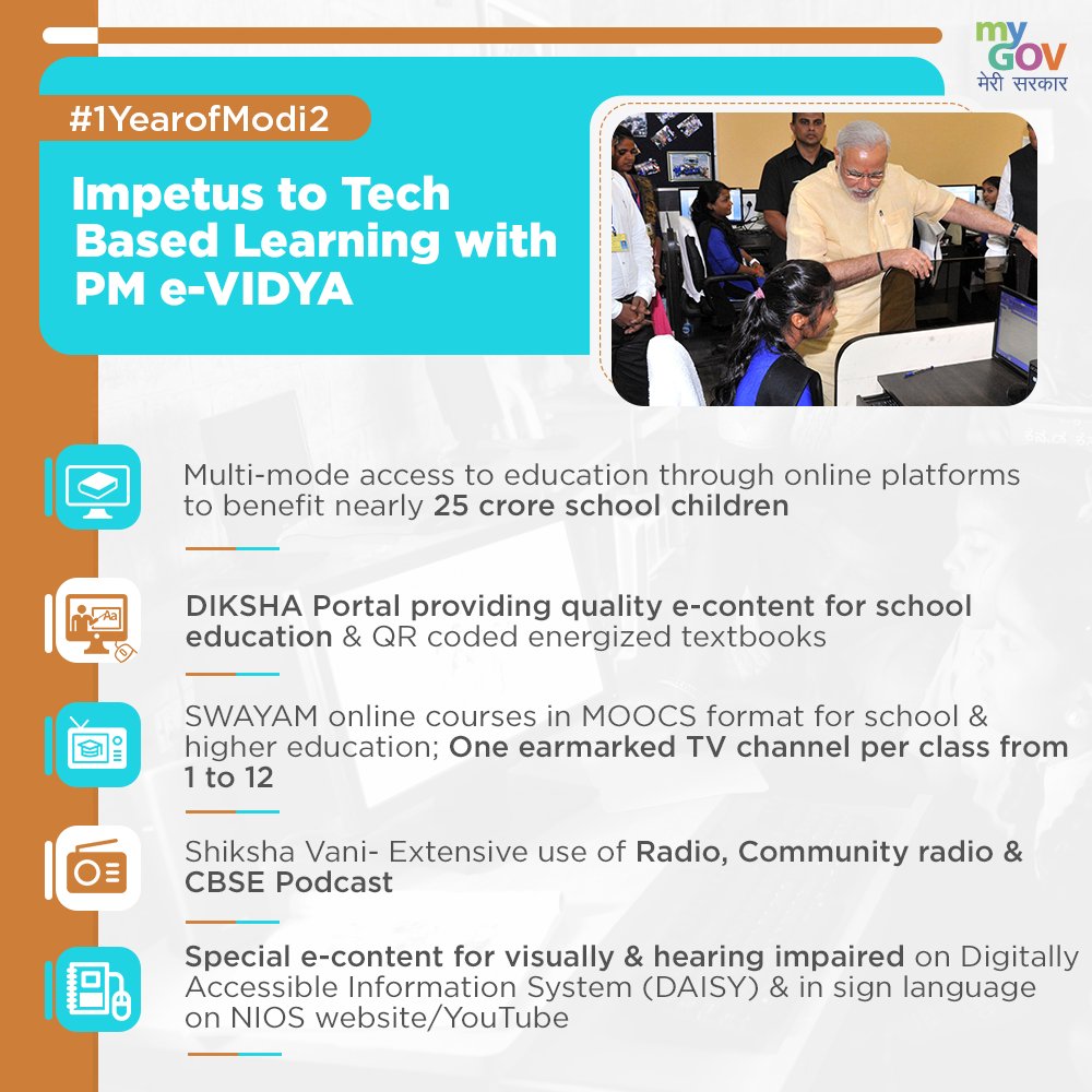 MyGovIndia on Twitter: "Impetus to Tech-based learning with PM e-Vidya. #1YearofModi2 # ...