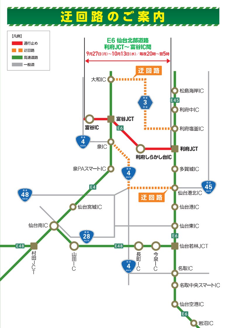 NEXCO東日本（東北） on Twitter: "【E6仙台北部道路：通行止予定】 利府JCT～富谷IC間（上下線）において、9/27（月）～10/13（水）の平日13夜間、毎夜20時～翌5 ...