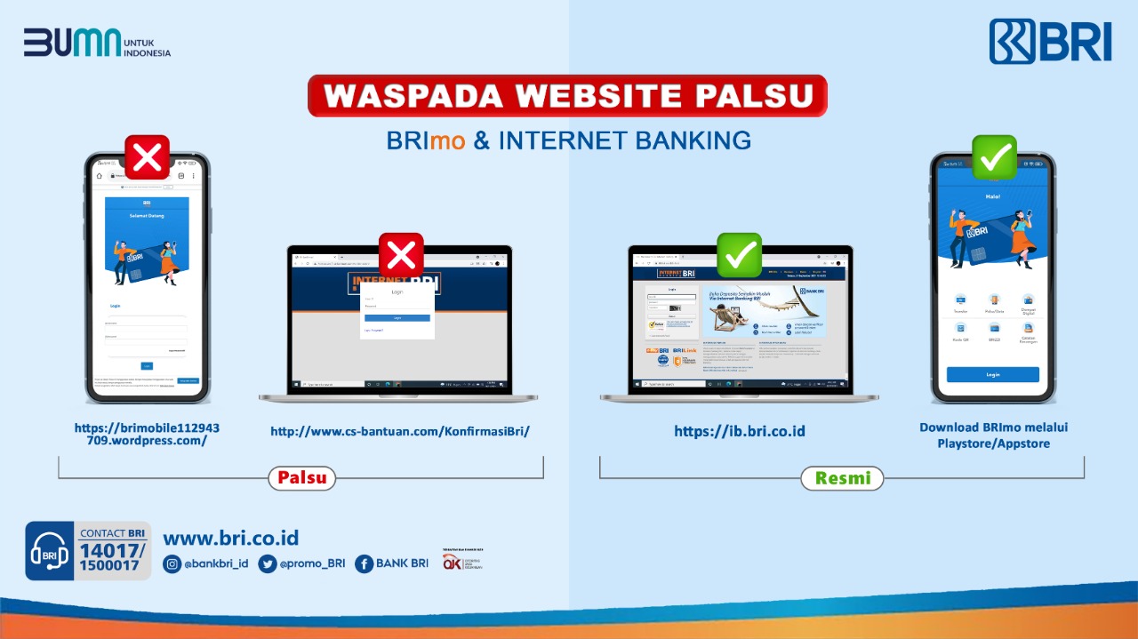 Contact BRI on Twitter: "Sobat BRI. Waspada website Internet Banking & BRImo palsu, pastikan ...