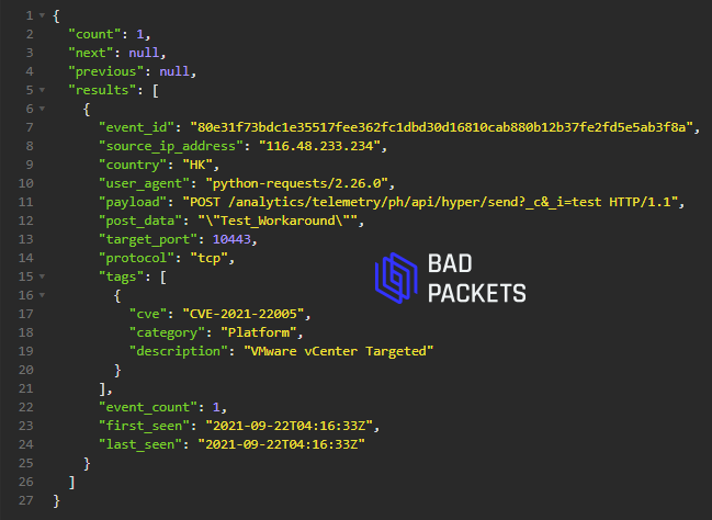 Bad Packets on Twitter: "CVE-2021-22005 scanning activity detected from the following hosts: 199 ...
