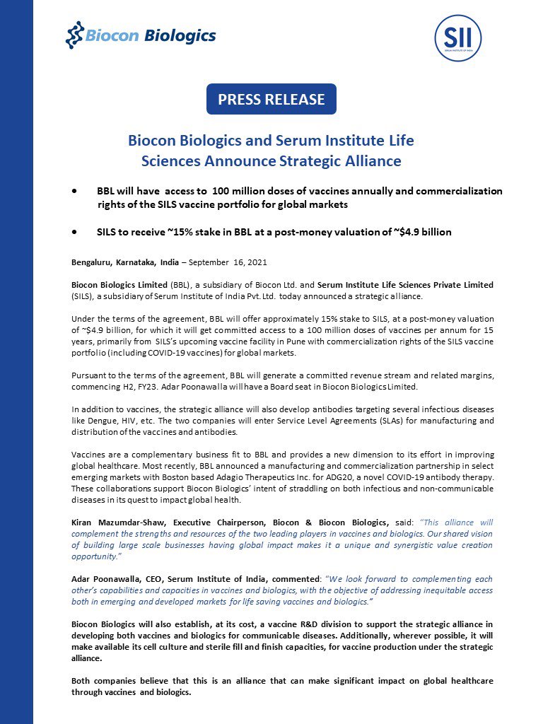 SerumInstituteIndia on Twitter: "Through the strategic alliance between @BioconBiologics and ...
