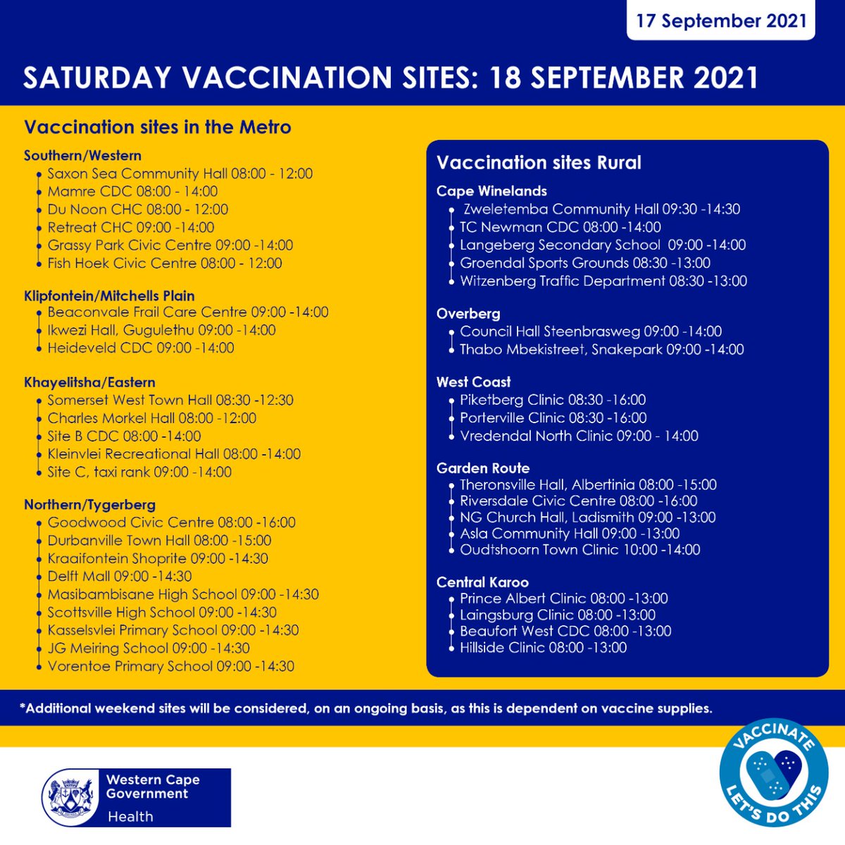 SA #VaccinationRollout: Saturday vaccination available for walk-ins on ...